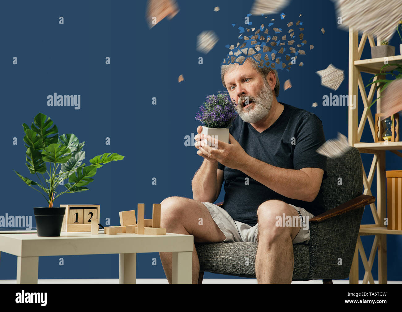 Drown image of losing of mind. Old bearded man with alzheimer desease ...