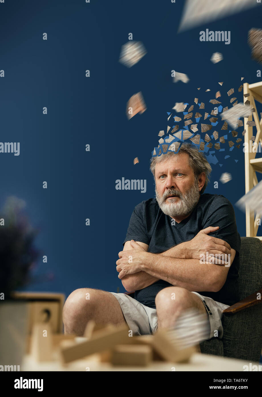 Drown image of losing of mind. Old bearded man with alzheimer desease ...