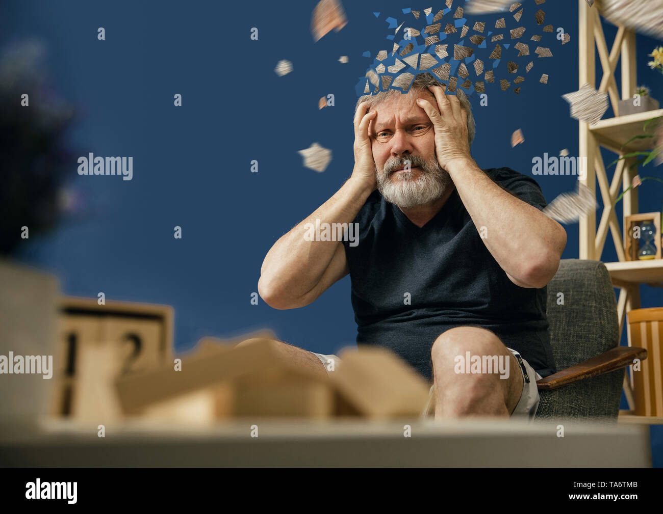 Drown image of losing of mind. Old bearded man with alzheimer desease ...