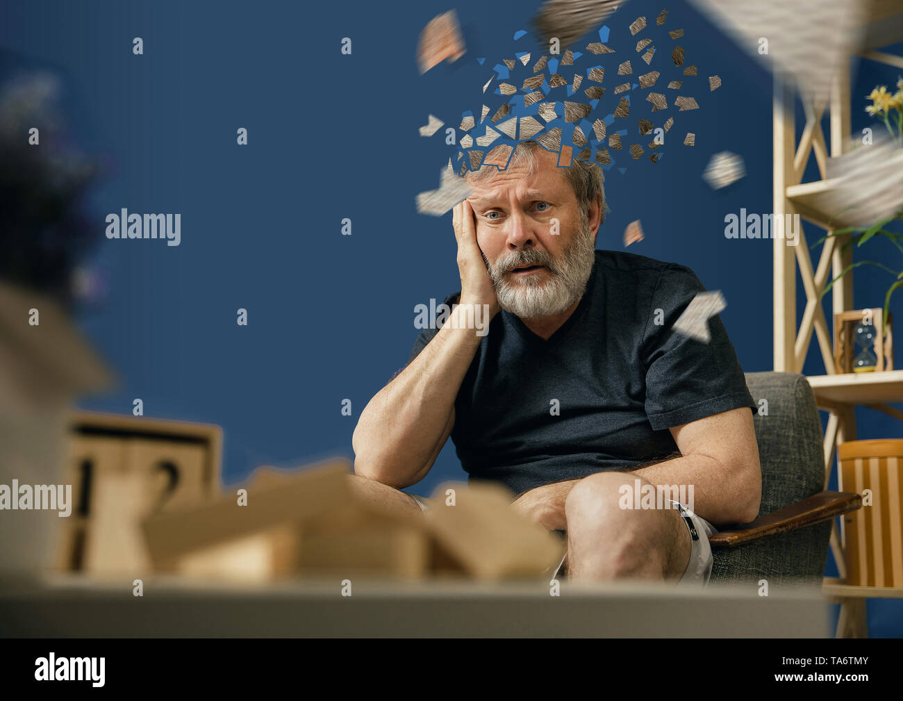 Drown image of losing of mind. Old bearded man with alzheimer desease ...
