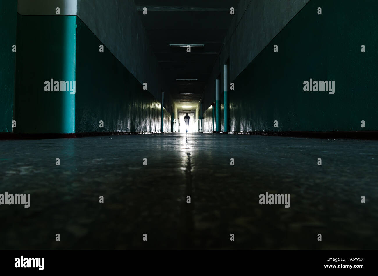 a long dark corridor as the path to infinity with the human body at the ...