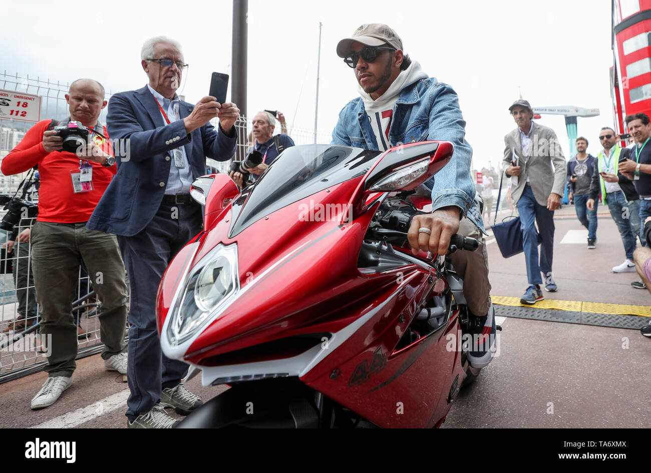 Mercede's Lewis Hamilton on his motor bike during Paddock day of Monaco ...