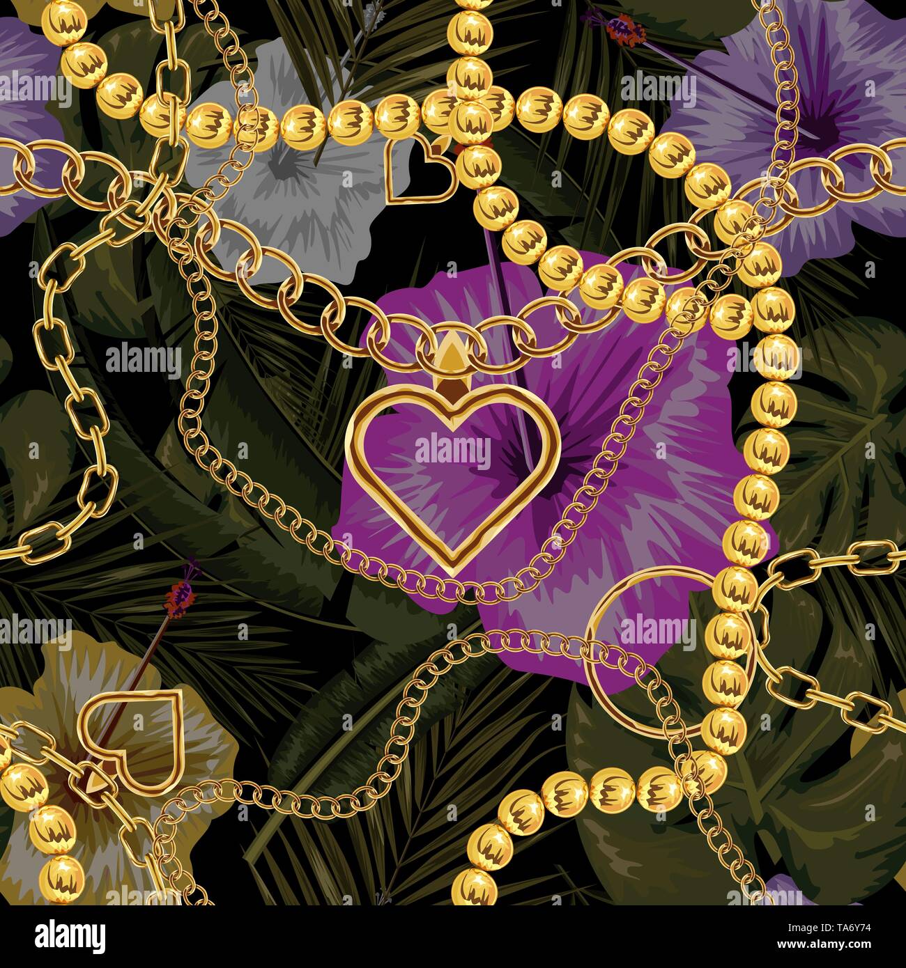 Cute chain texture seamless with tropical flower and leaf pattern. Flat ...