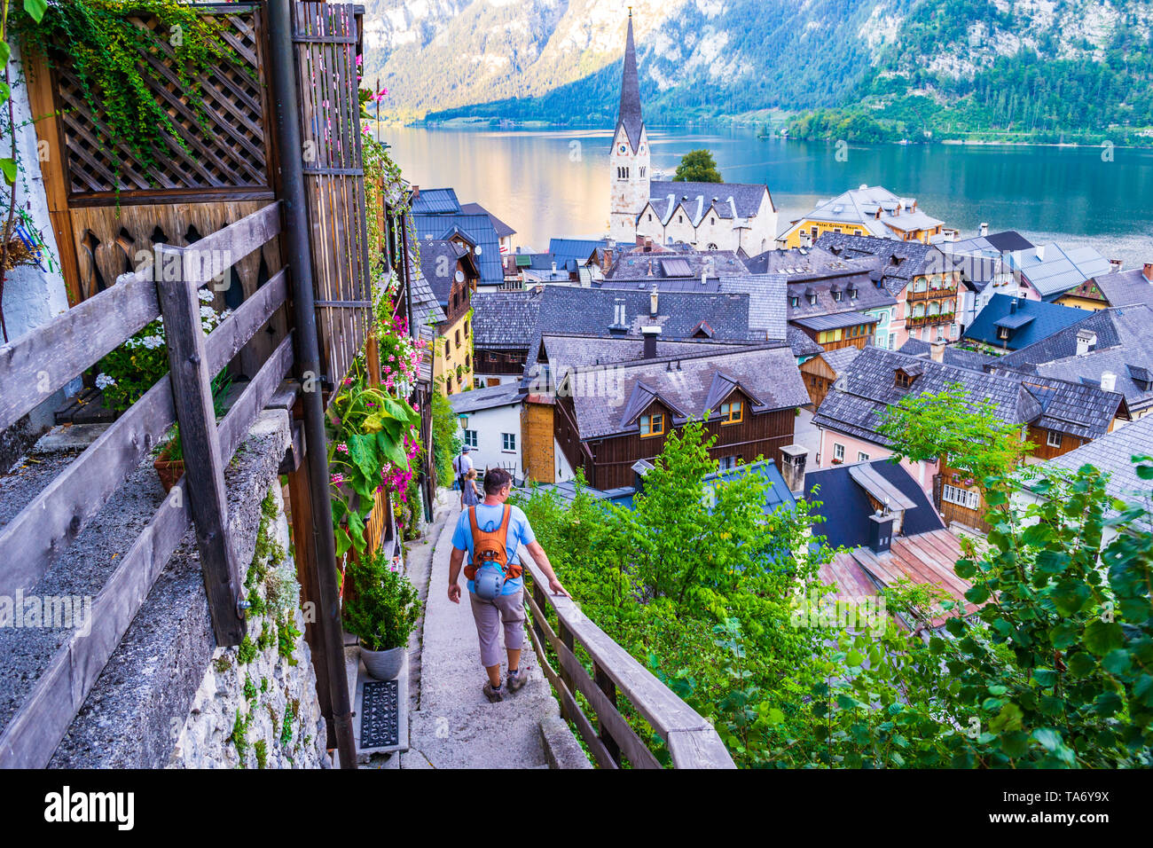 Hallstatt, Salzkammergut, Austria - August 23, 2018: People walking ...