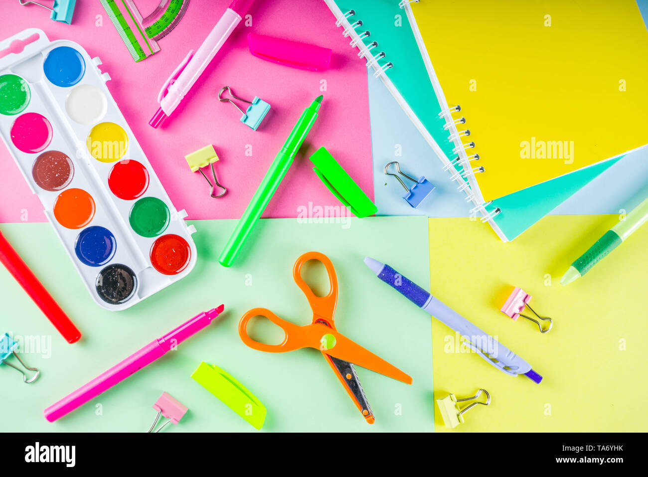 Colorful back to school background. Bright background with school ...
