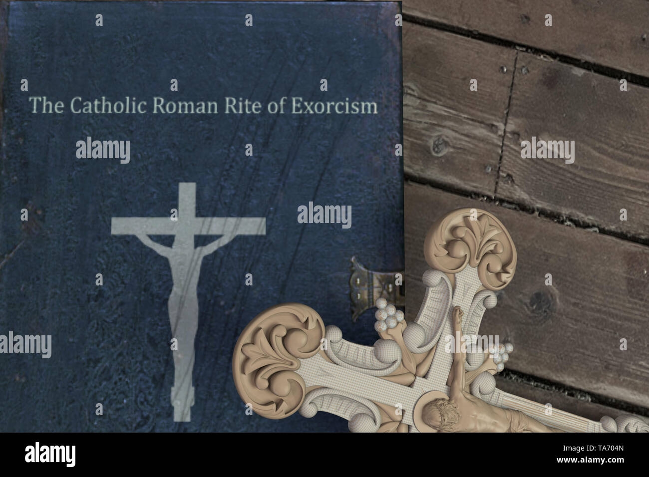 exorcism book on wooden floor 3d illustration Stock Photo - Alamy