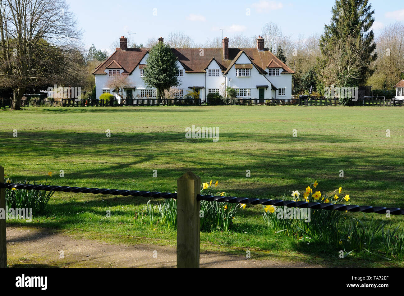 White cottages beside the green, Aldenham, Hertfordshire, were built by ...