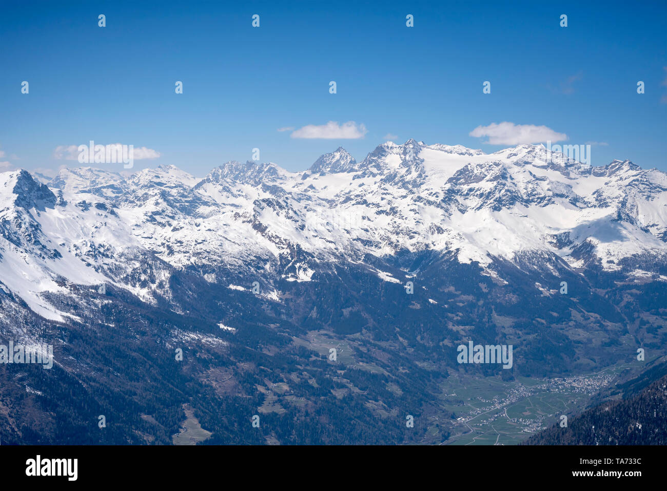 aerial, from a small plane, of Bernina range and glacier in Valtellina ...