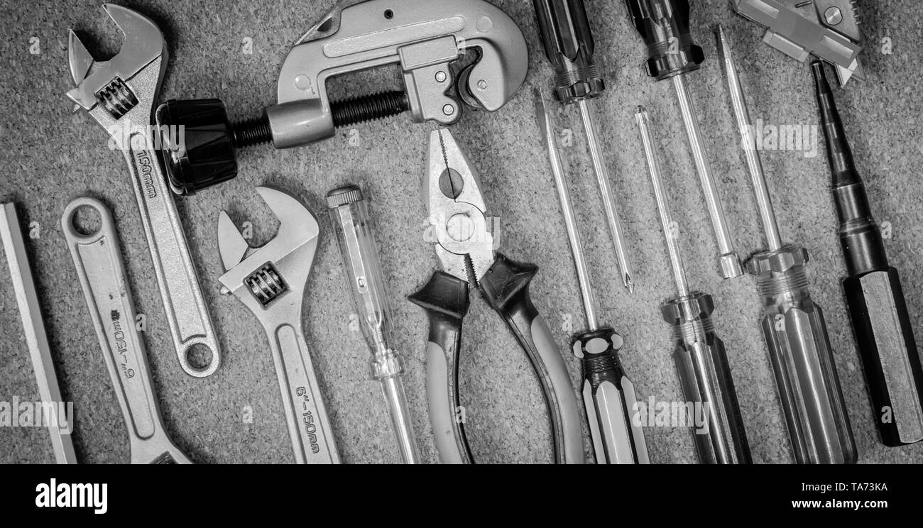 colorless tool set display background Stock Photo - Alamy
