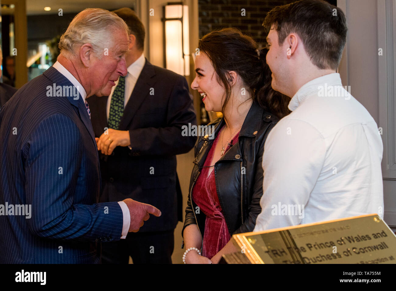 The Prince of Wales speaking local actors Debra Hill (centre) and ...