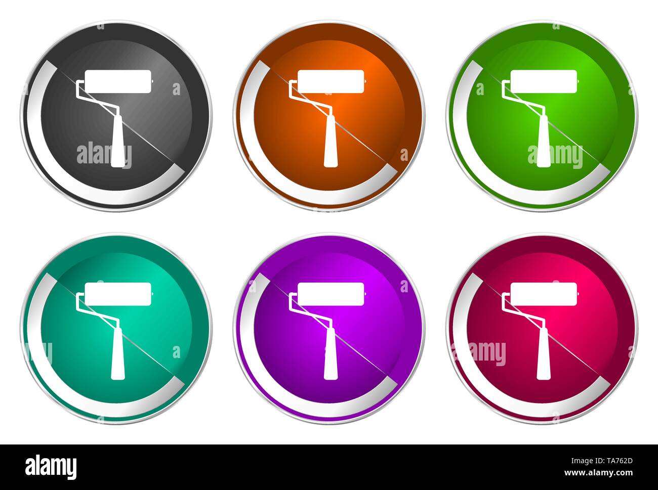 Painting roll symbol, set of silver metallic round icons in six colors ...
