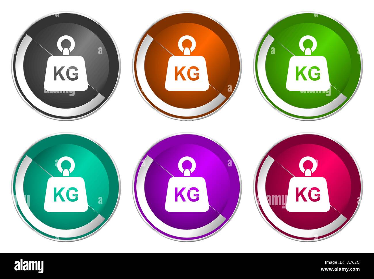 Weight kg kilogram symbol, set of silver metallic round icons in six ...