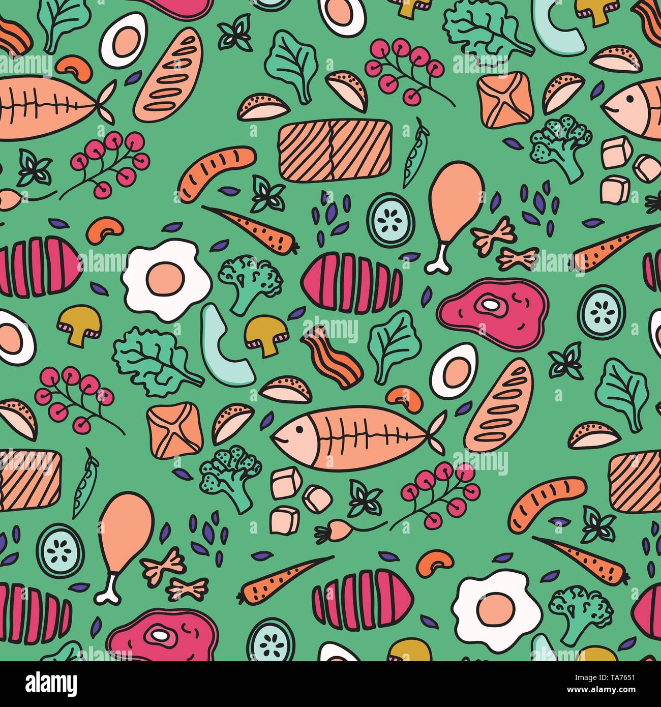 Vector seamless pattern. Hand drawn food for decor menu design. Kitchen ...