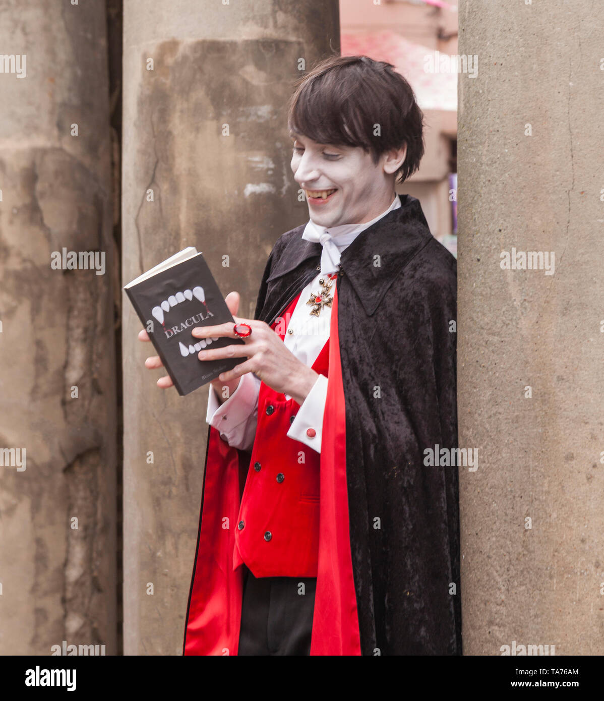 An actor dressed as Count Dracula during filming at Whitby,North ...