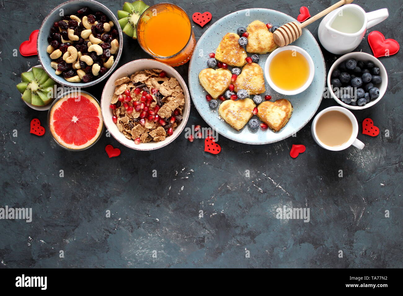 Brunch or breakfast concept on dark background. Top view with copy ...