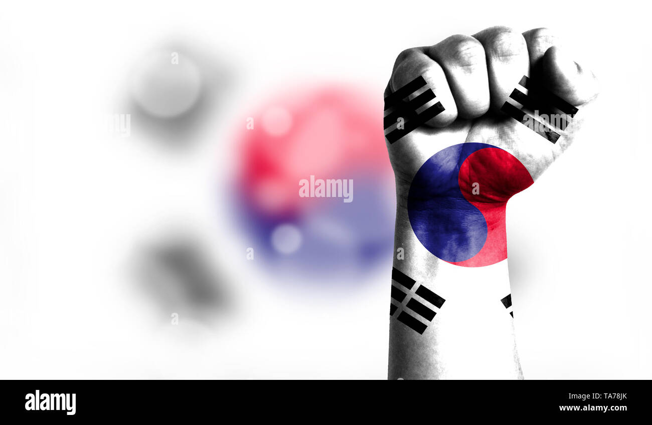 Flag of South Korea painted on male fist, strength,power,concept of ...