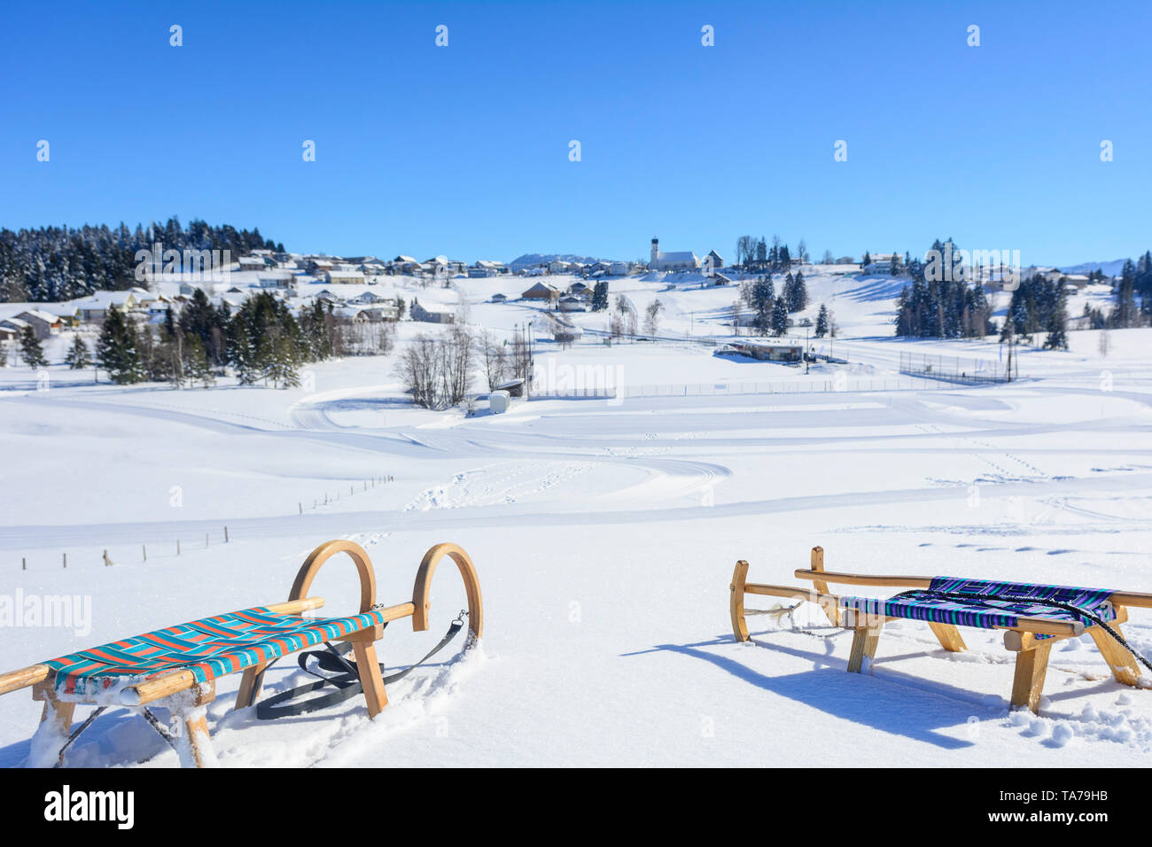 Fresh snow and cloudless sky, perfect day for tobogganing in Sulzberg ...