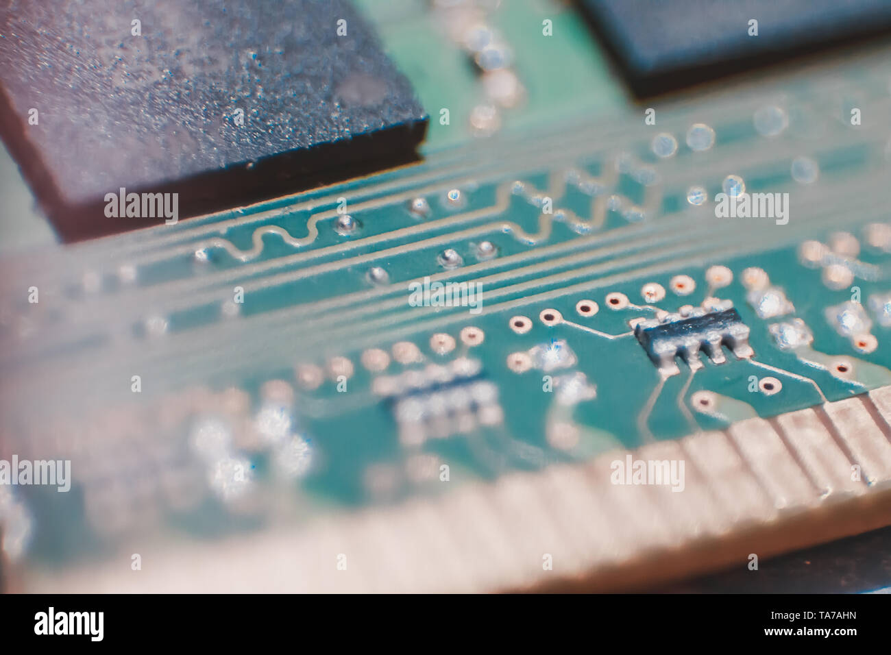 Close up of PC Computer DDR3 RAM module circuit board reveals a lot of ...