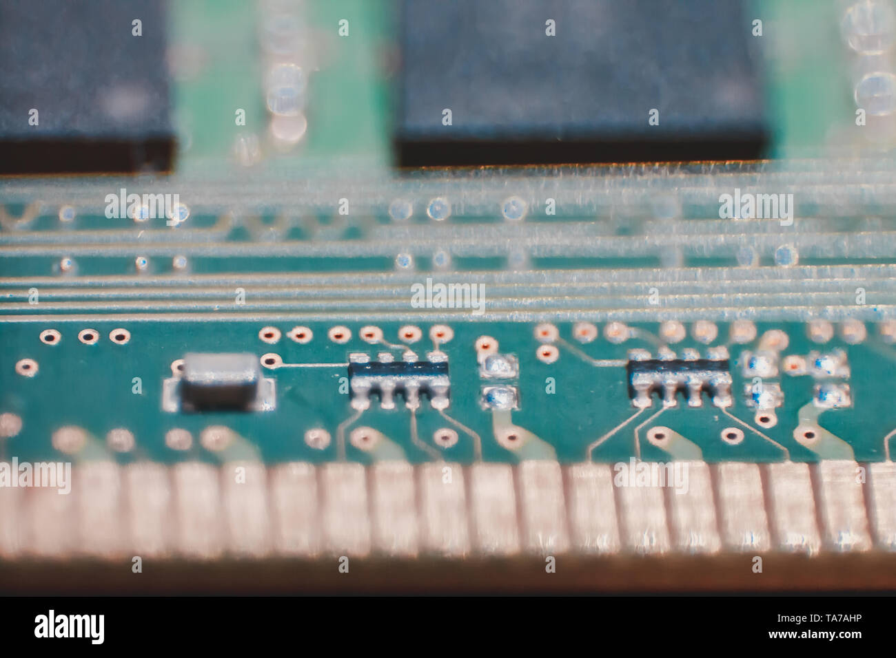 Close up of PC Computer DDR3 RAM module circuit board reveals a lot of ...