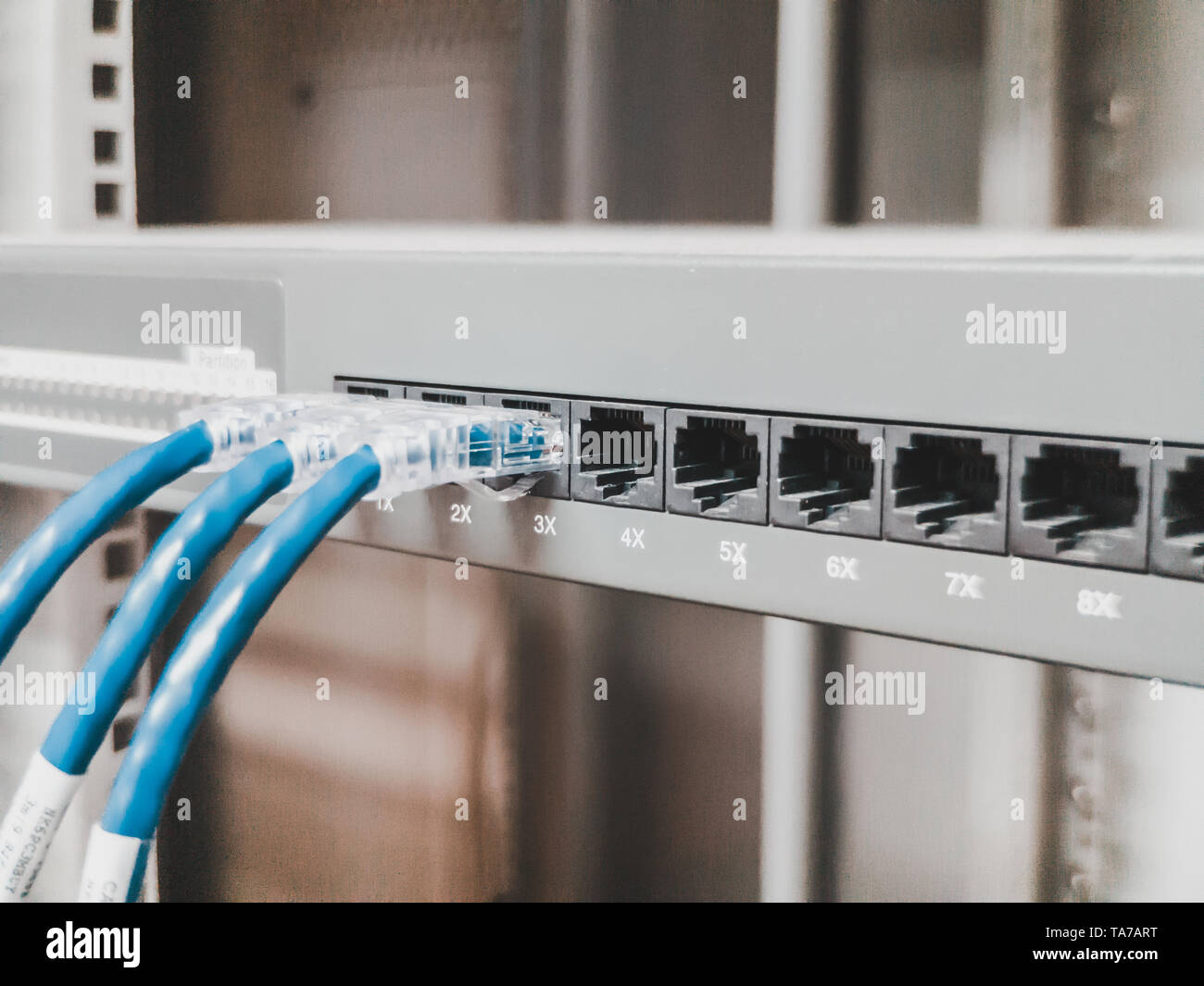Several RJ45 Ethernet cables plugged into a switch inside a server rack of a company to link ...