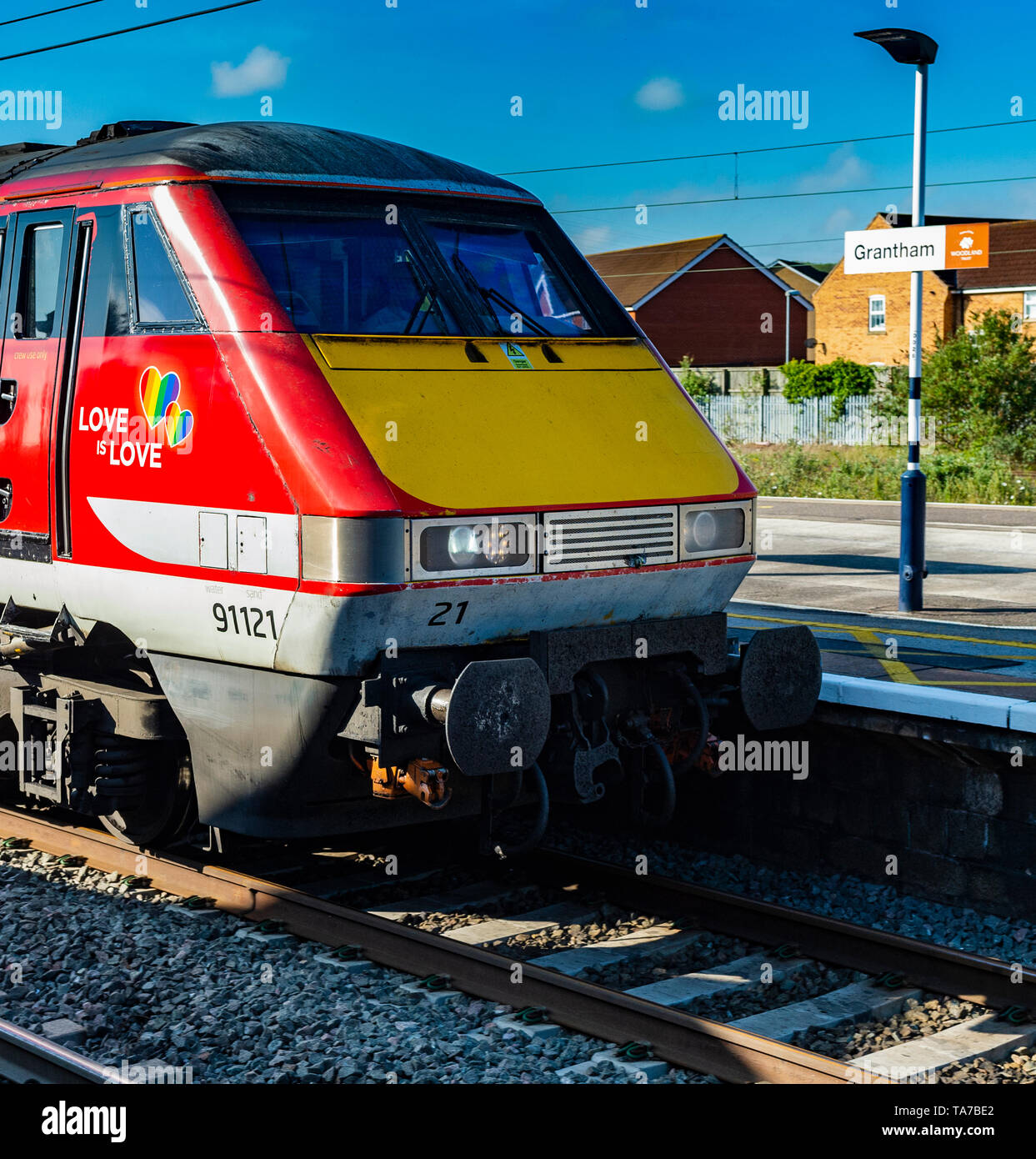 Grantham Station, Lincolnshire, England. A train arriving at the ...