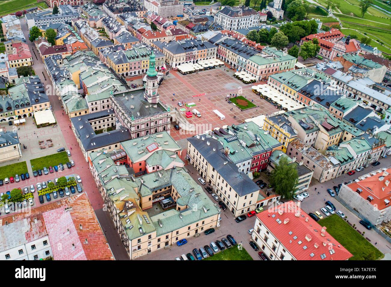 Drone view on Zamosc old town and city main square with town hall ...