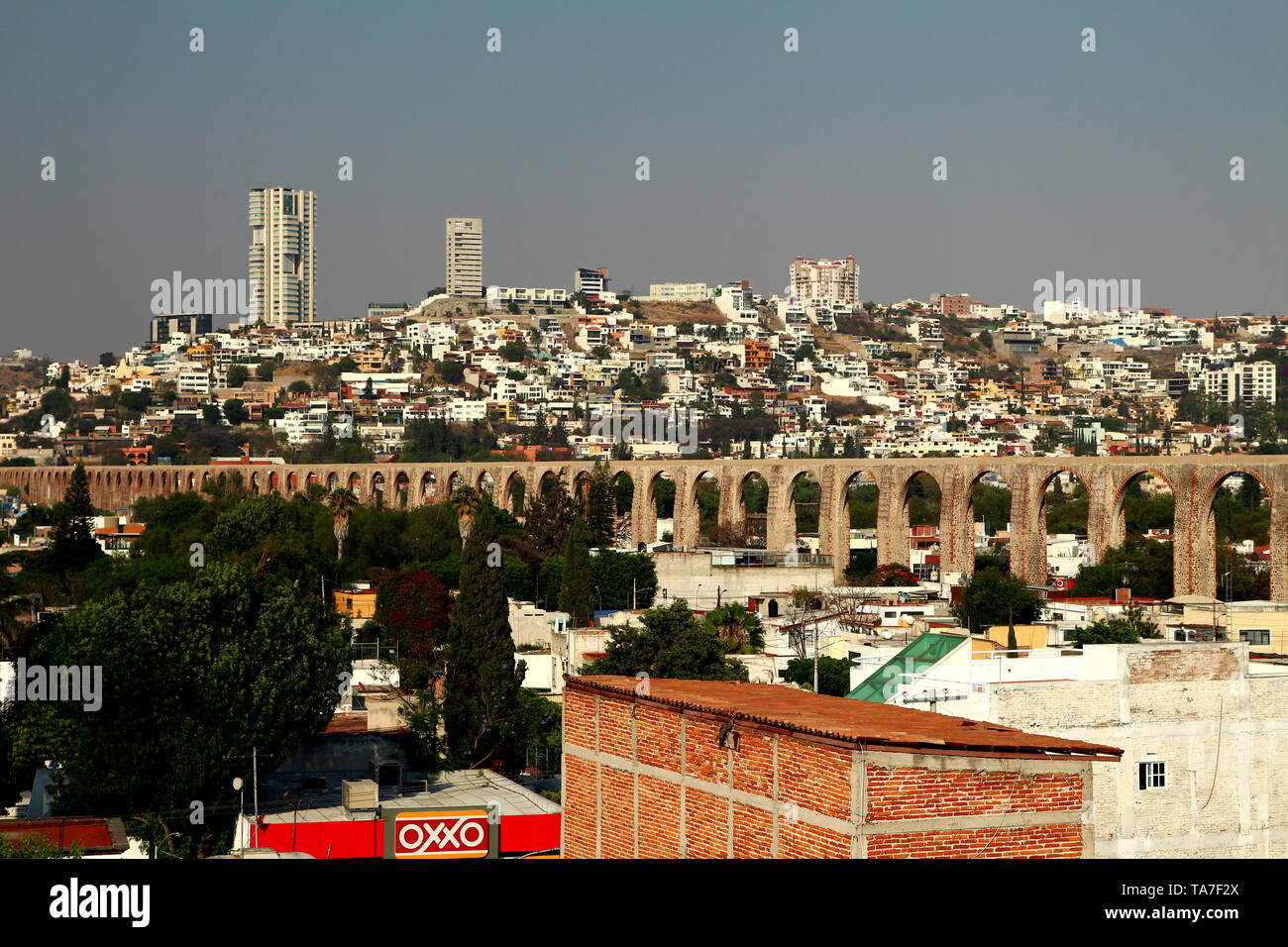 Santiago de Queretaro city skyline. Panorama and arches Stock Photo - Alamy