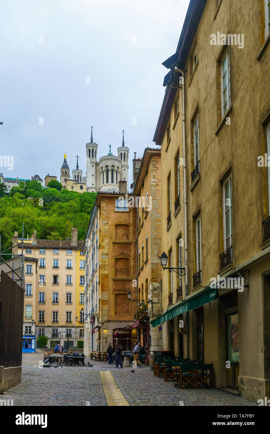 Lyon, France - May 08, 2019: Street scene and the Notre-Dame basilica ...