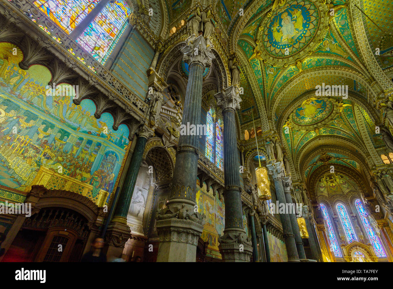 Lyon, France - May 08, 2019: The interior of Notre-Dame basilica, with ...