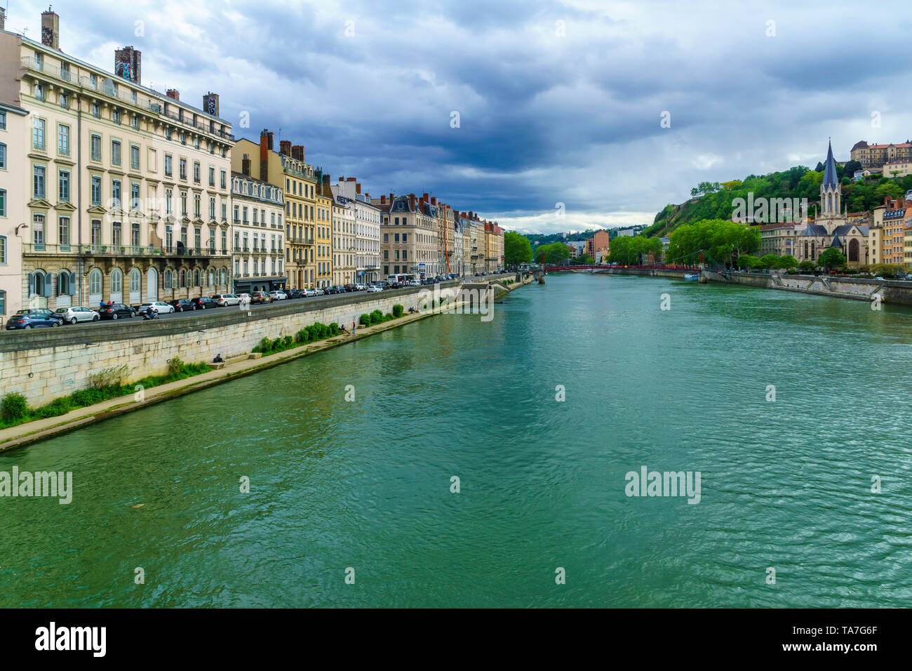 Lyon, France - May 09, 2019: View of the Saone river, with locals and ...