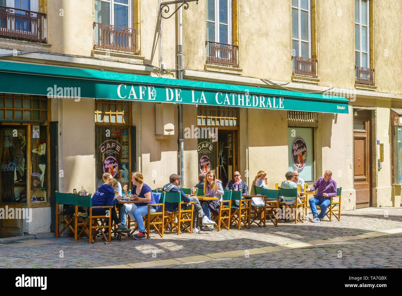 Lyon, France - May 10, 2019: Street and cafe scene, with locals and ...