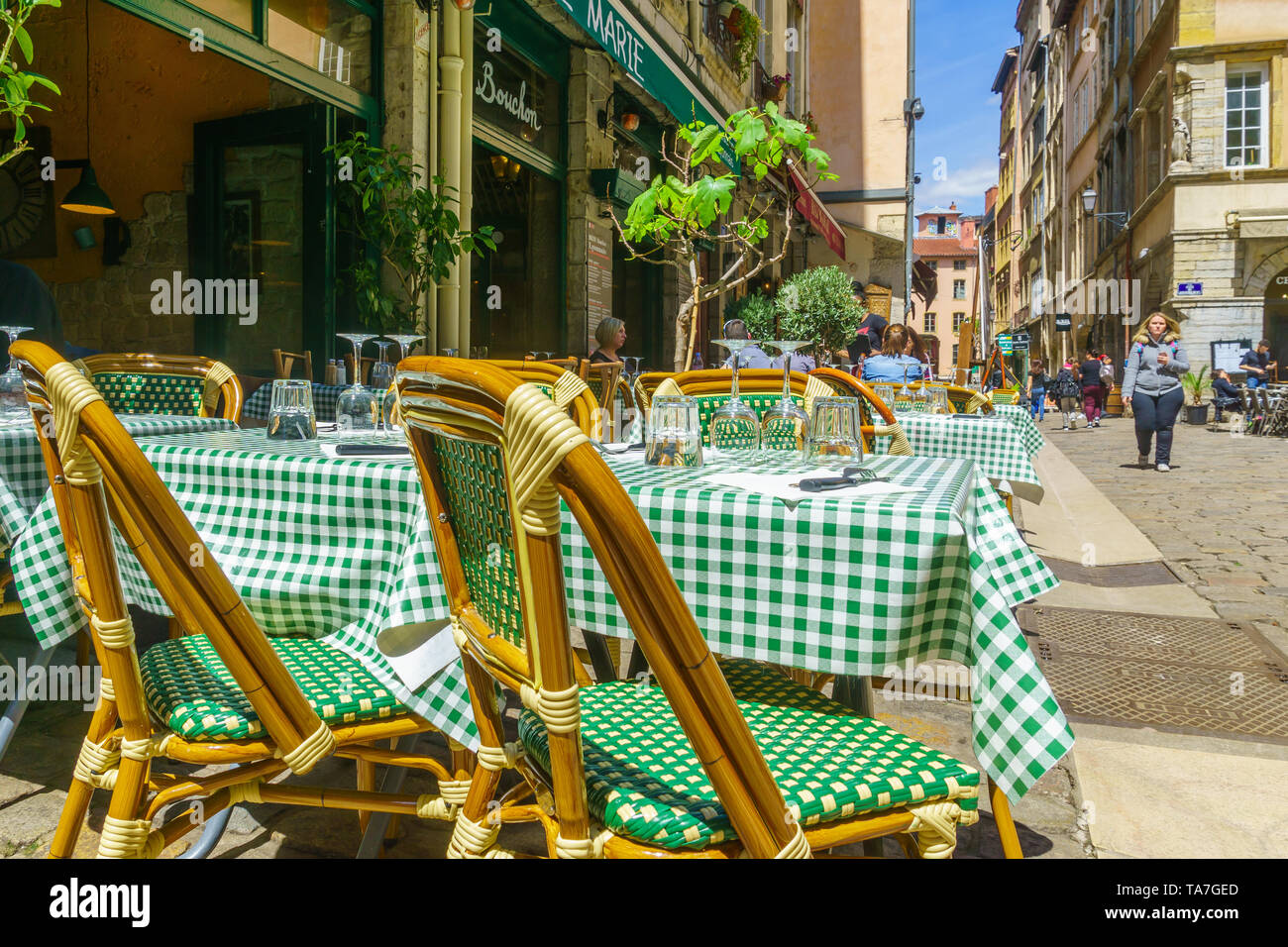 Lyon, France - May 10, 2019: Street and cafe scene, with locals and ...