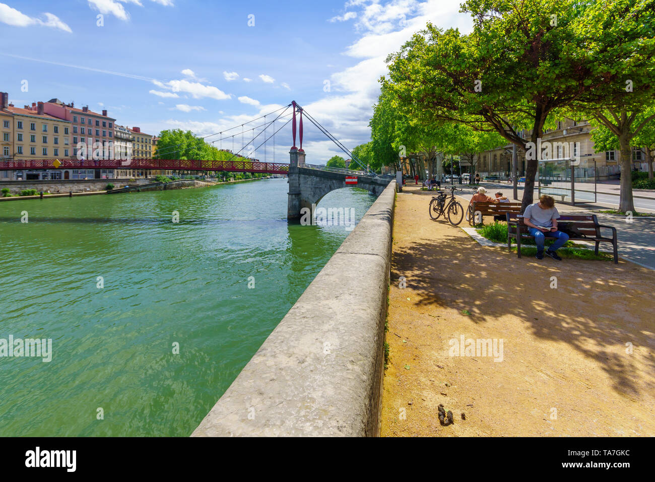 Lyon, France - May 10, 2019: The Saone River, and Saint-Gorges bridge ...