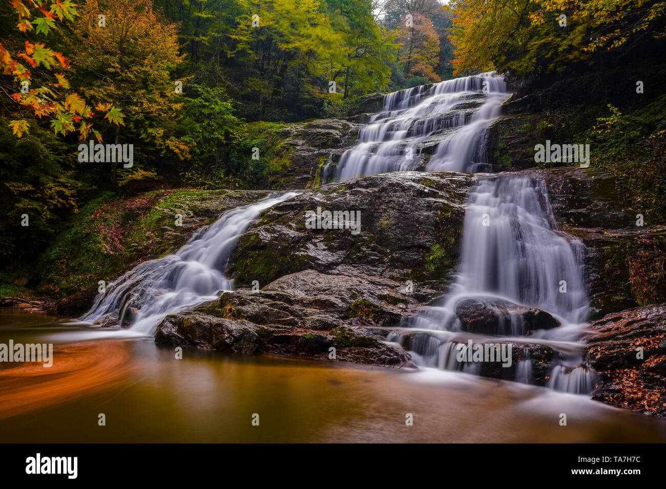 Autumn colors with waterfall and leaves Stock Photo - Alamy