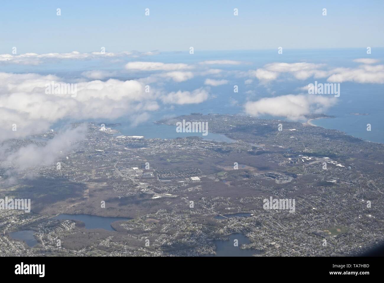 The Boston, Massachusetts skyline as seen from a plane landing at Logan ...