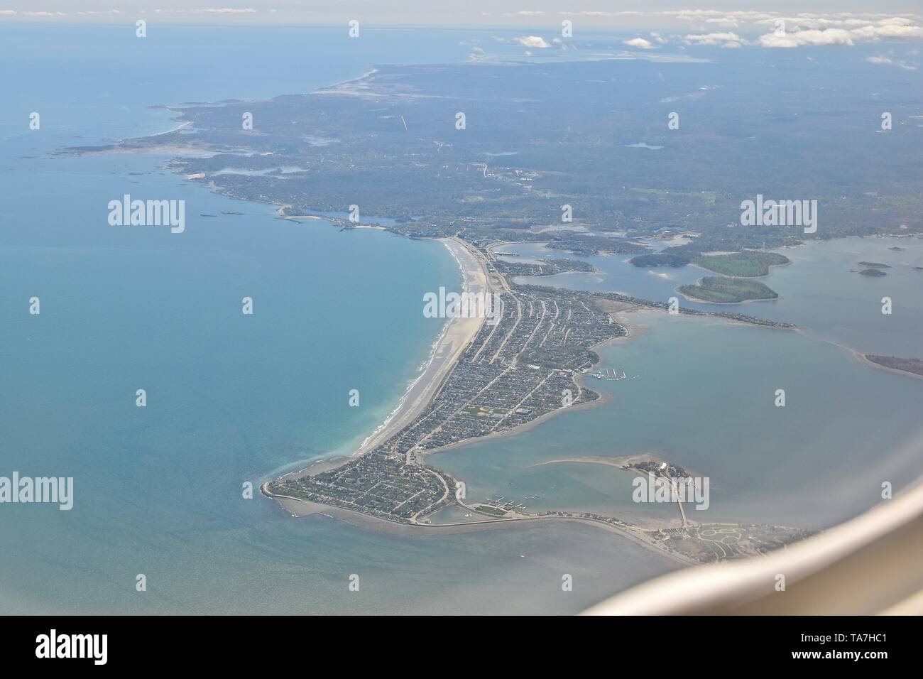 The Boston, Massachusetts skyline as seen from a plane landing at Logan ...