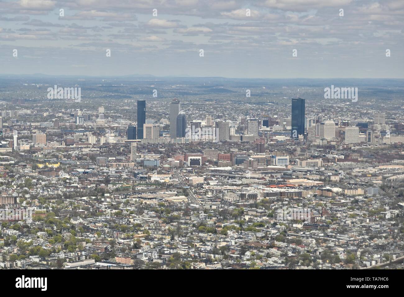 The Boston, Massachusetts skyline as seen from a plane landing at Logan ...