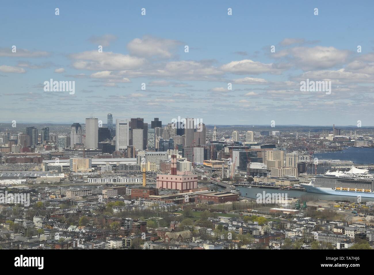 The Boston, Massachusetts skyline as seen from a plane landing at Logan ...