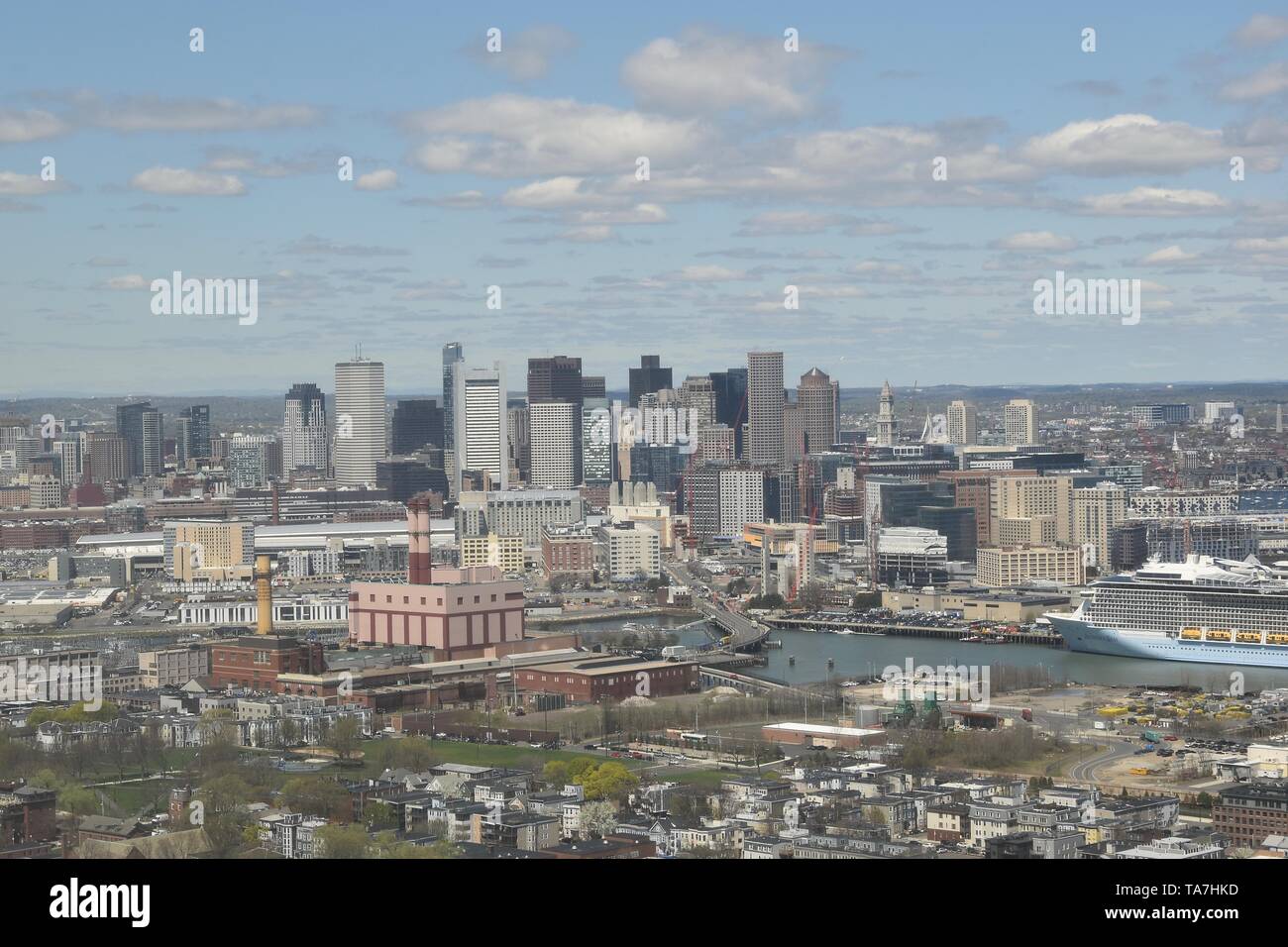 The Boston, Massachusetts skyline as seen from a plane landing at Logan ...
