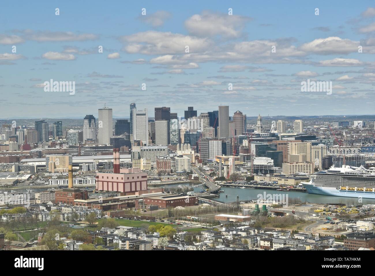 The Boston, Massachusetts skyline as seen from a plane landing at Logan ...