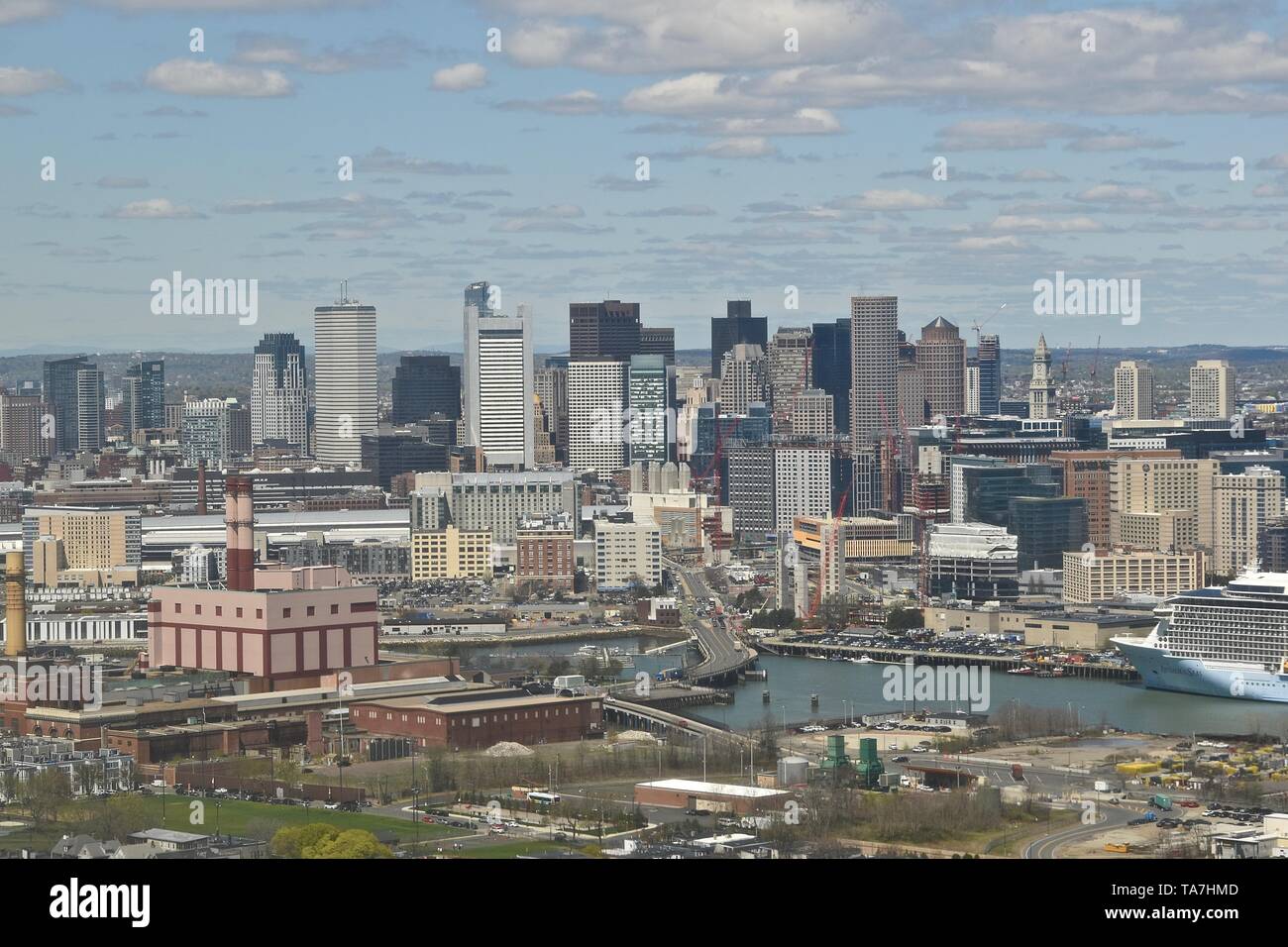 The Boston, Massachusetts skyline as seen from a plane landing at Logan ...