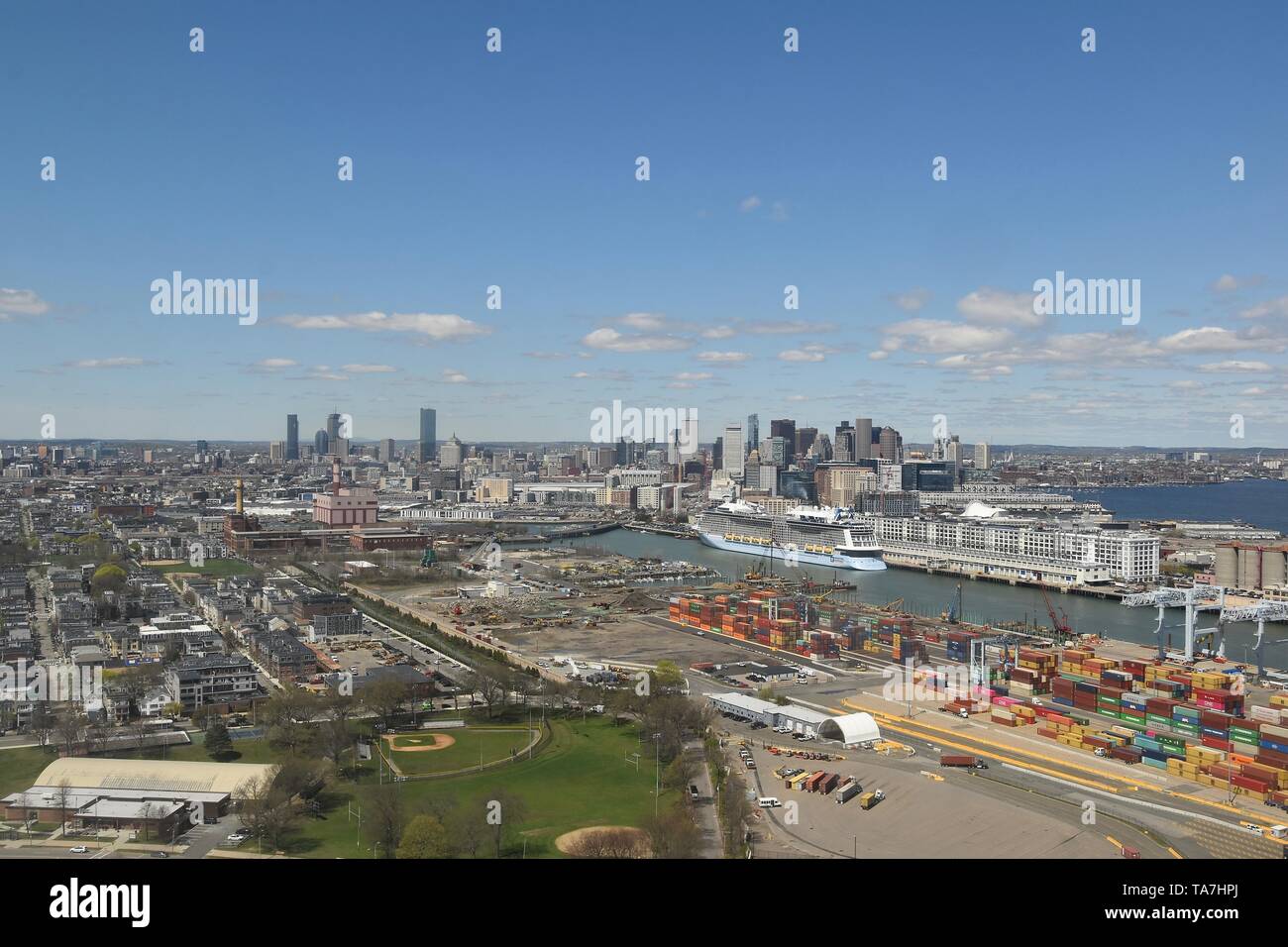 The Boston, Massachusetts skyline as seen from a plane landing at Logan ...