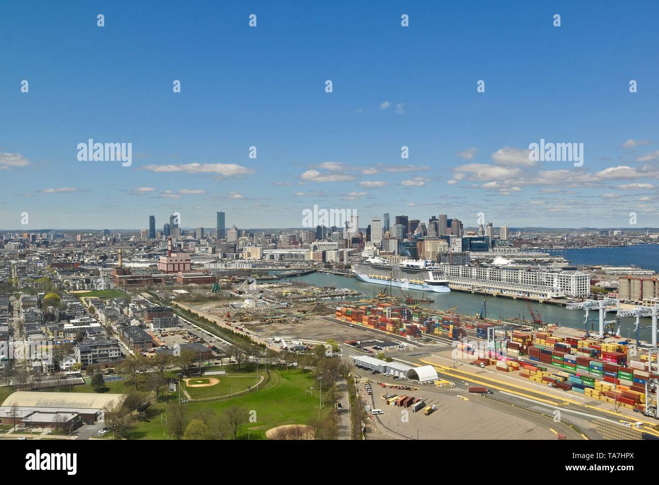 The Boston, Massachusetts skyline as seen from a plane landing at Logan ...