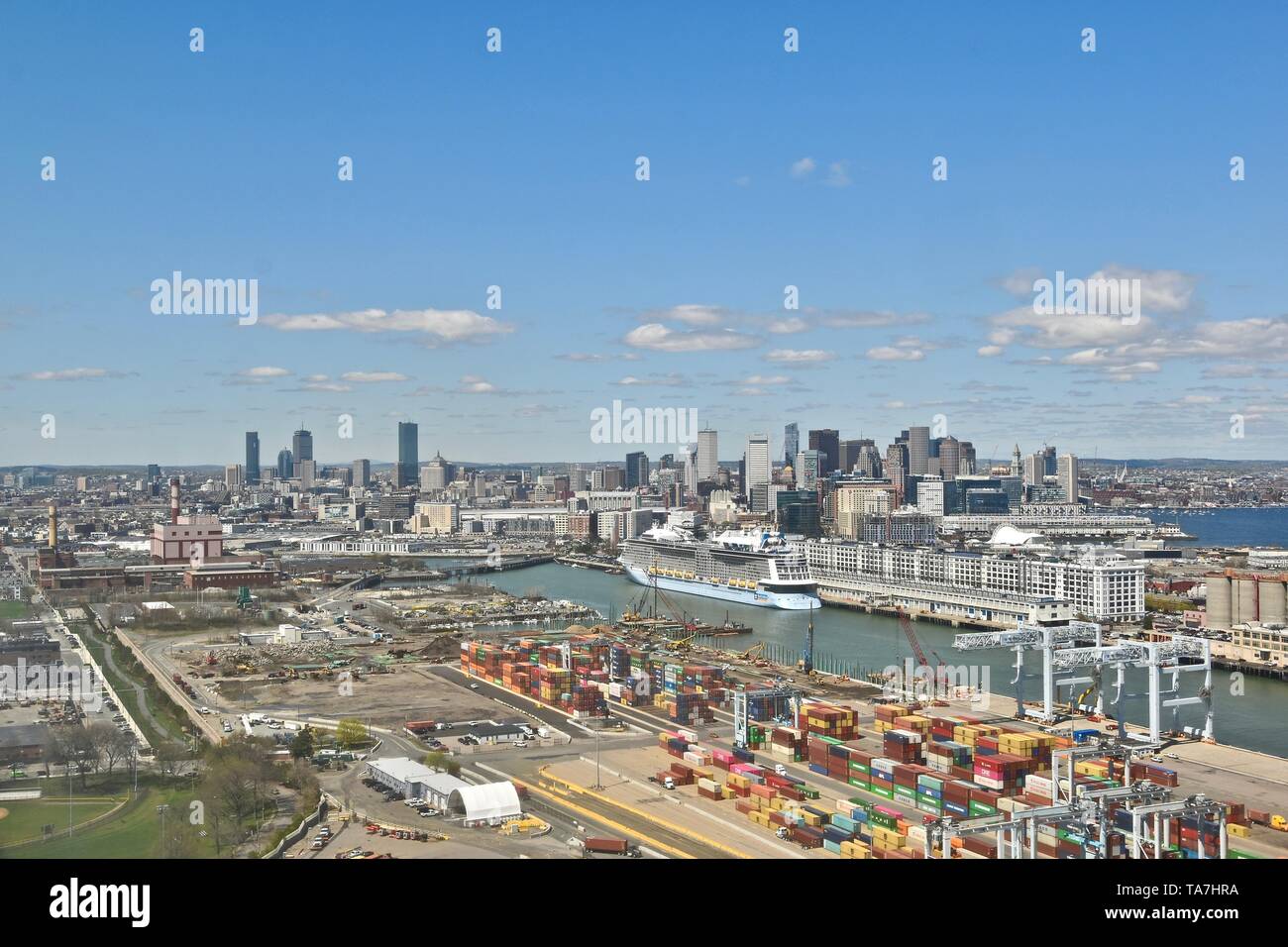 The Boston, Massachusetts skyline as seen from a plane landing at Logan ...