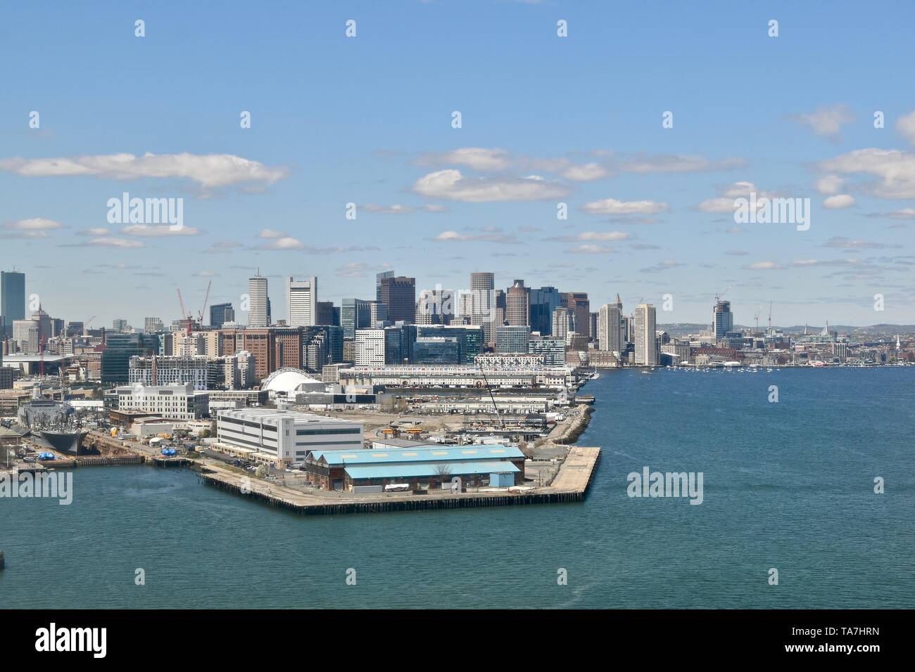 The Boston, Massachusetts skyline as seen from a plane landing at Logan ...