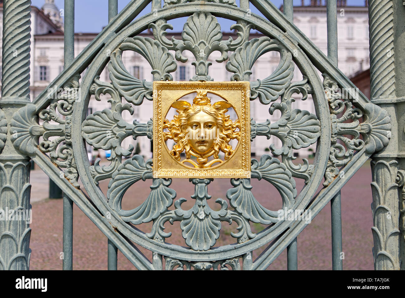 The gates of the Turin Royal Palace have a golden Medusa symbol ...