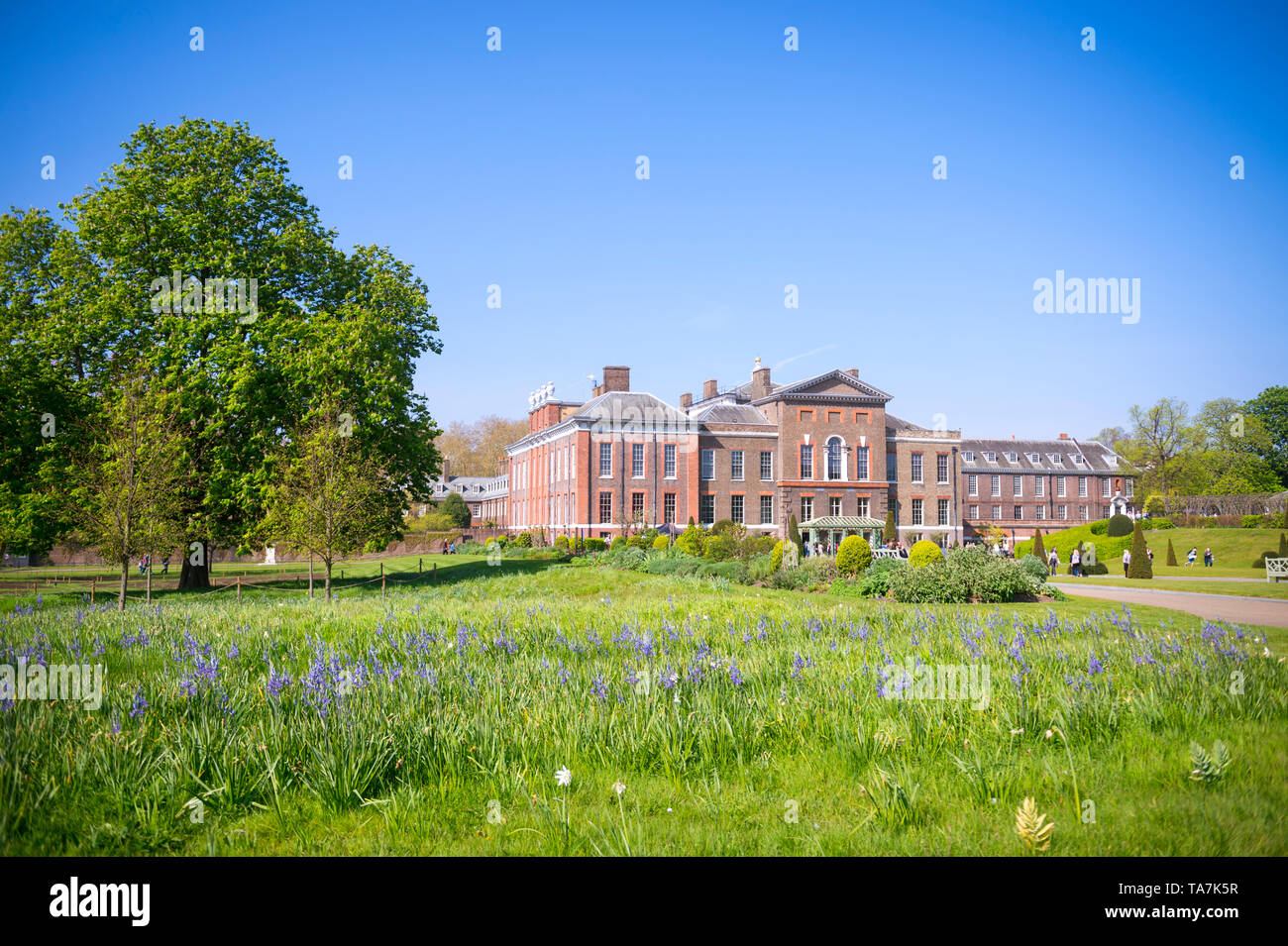 Bright scenic view of old-fashioned British brick architecture with ...