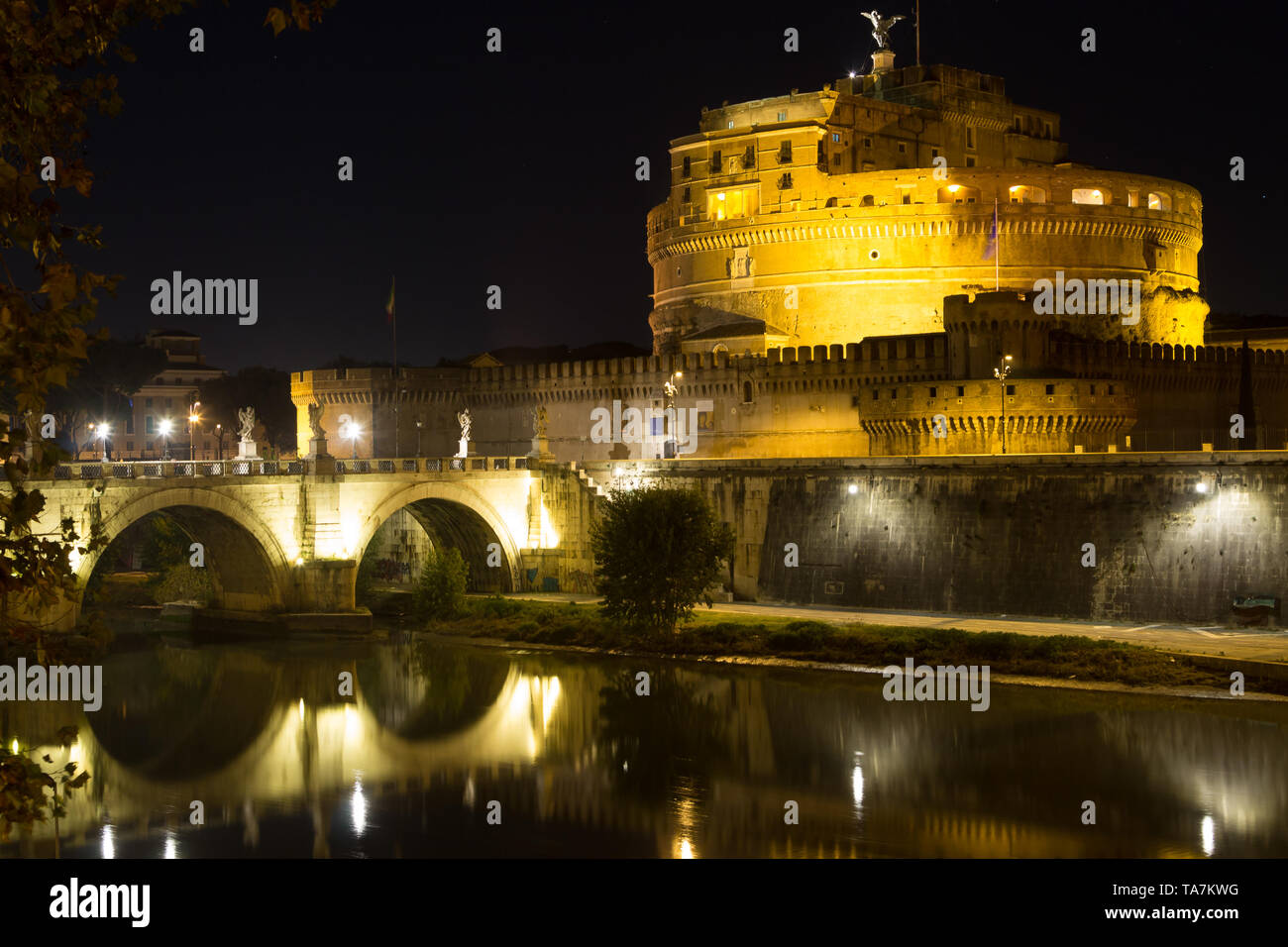 Night scene of Rome, Tevere river and Mausoleum of Hadrian. Italian ...
