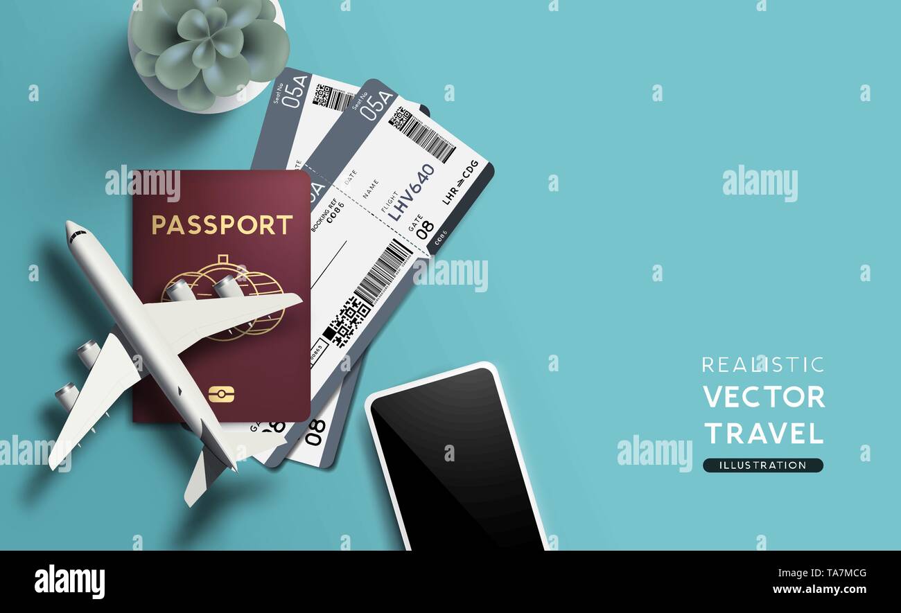 Travel Flat Lay Concept With Passports Airline Tickets And Toy Plane