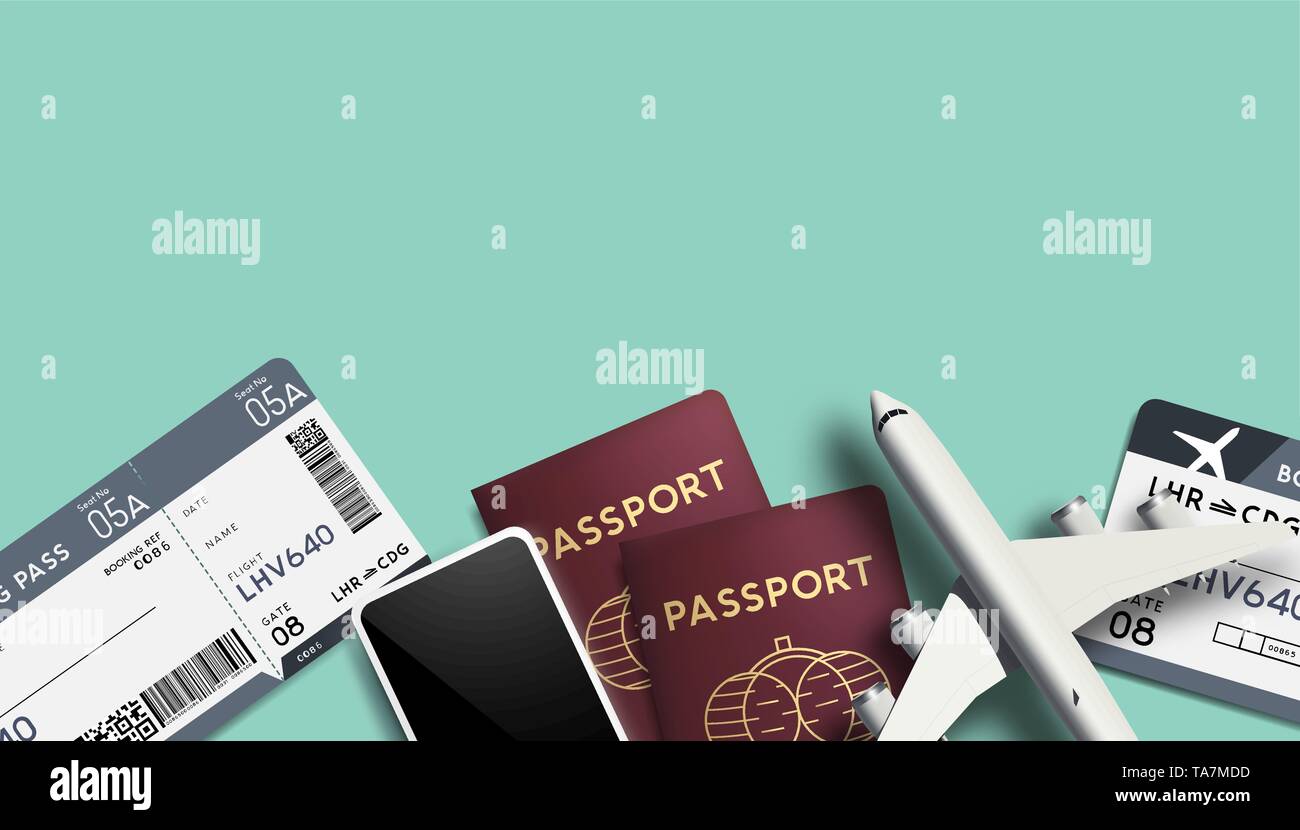 Travel Background With Passports Airline Tickets And Toy Plane Vector